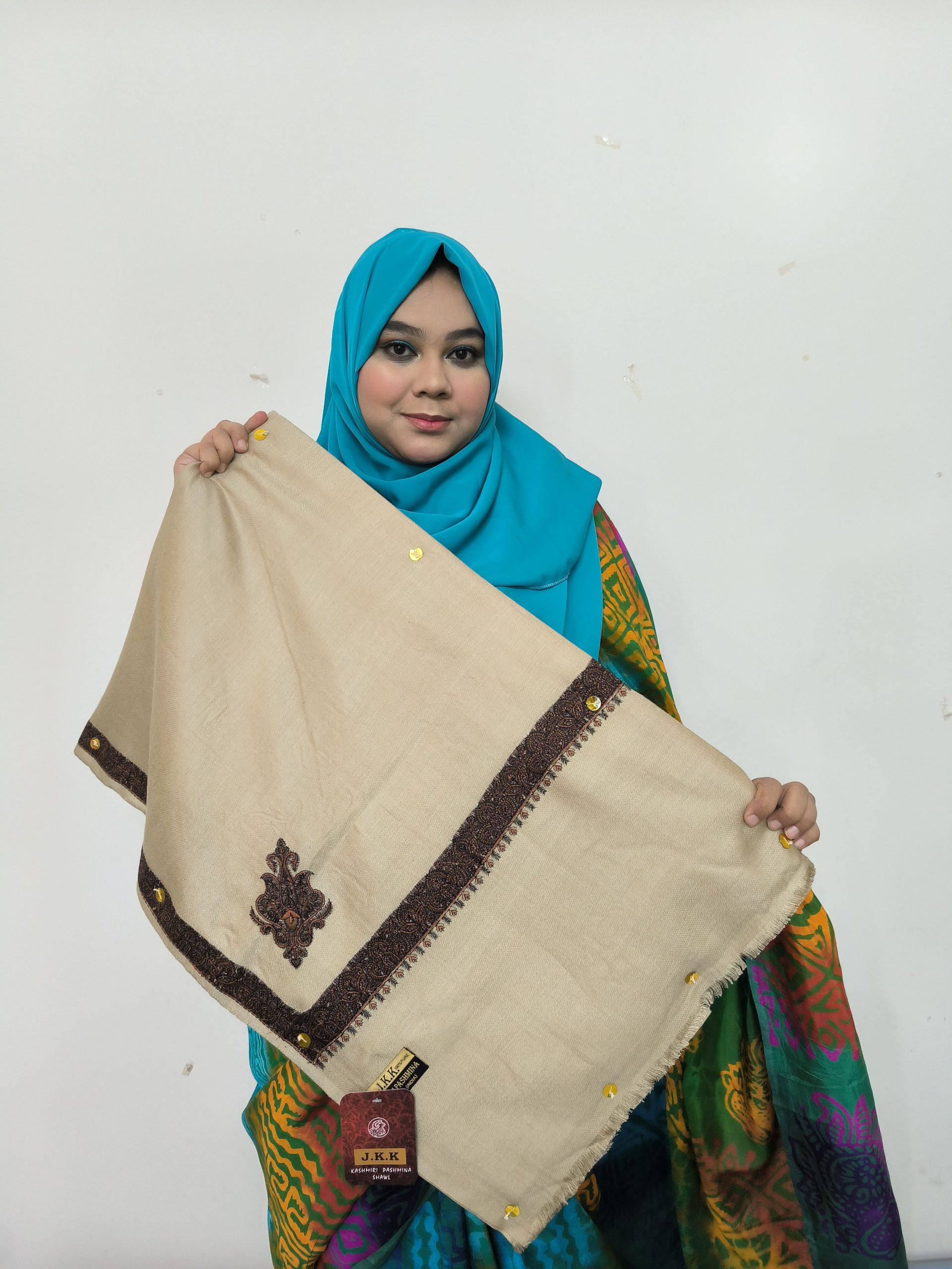 Original Kashmiri Pashmina Shawl Light Biscuit Thick Border – HP113-LB ...